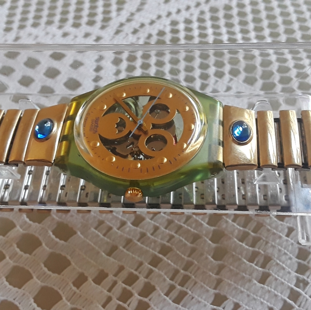 Swatch Vintage Watch Gold Blue Precious Stones - Gem